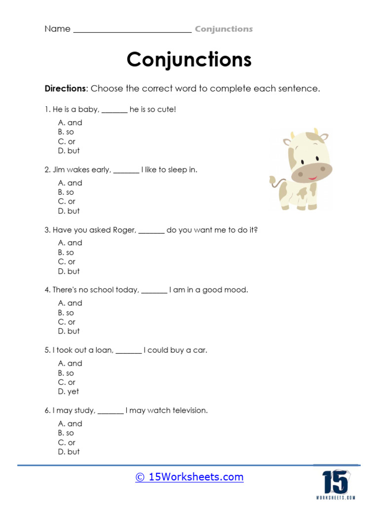 A Worksheet On Conjunctions From 15worksheets - Com - 3-315 | PDF
