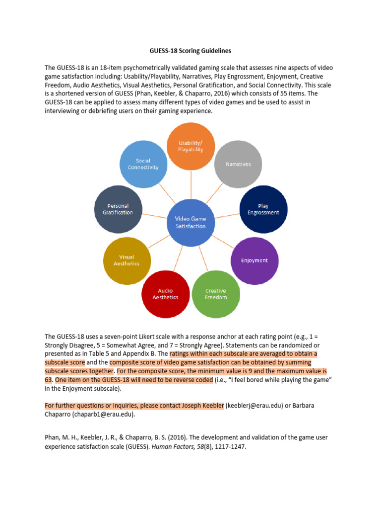 Game Player Experience Satisfaction Scale Questionnaire GUESS 18 Short ...