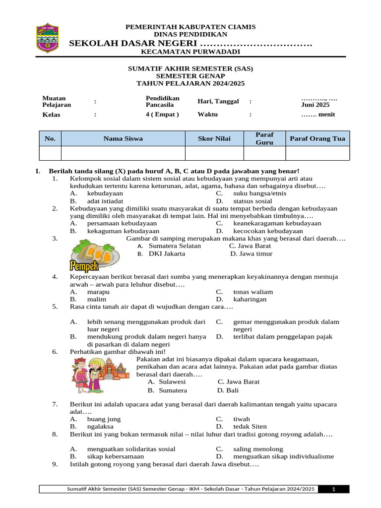 Soal Sas Kelas - Pendidikan Pancasila | PDF