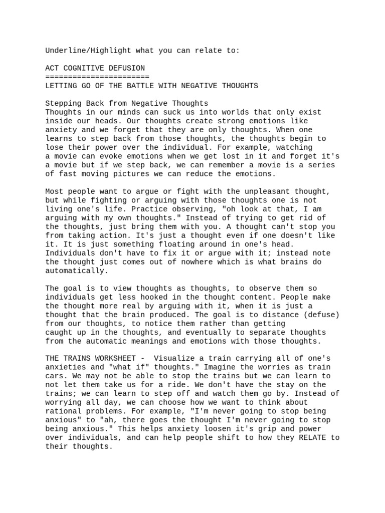2023 ACT Cognitive Defusion | PDF | Thought | Emotions