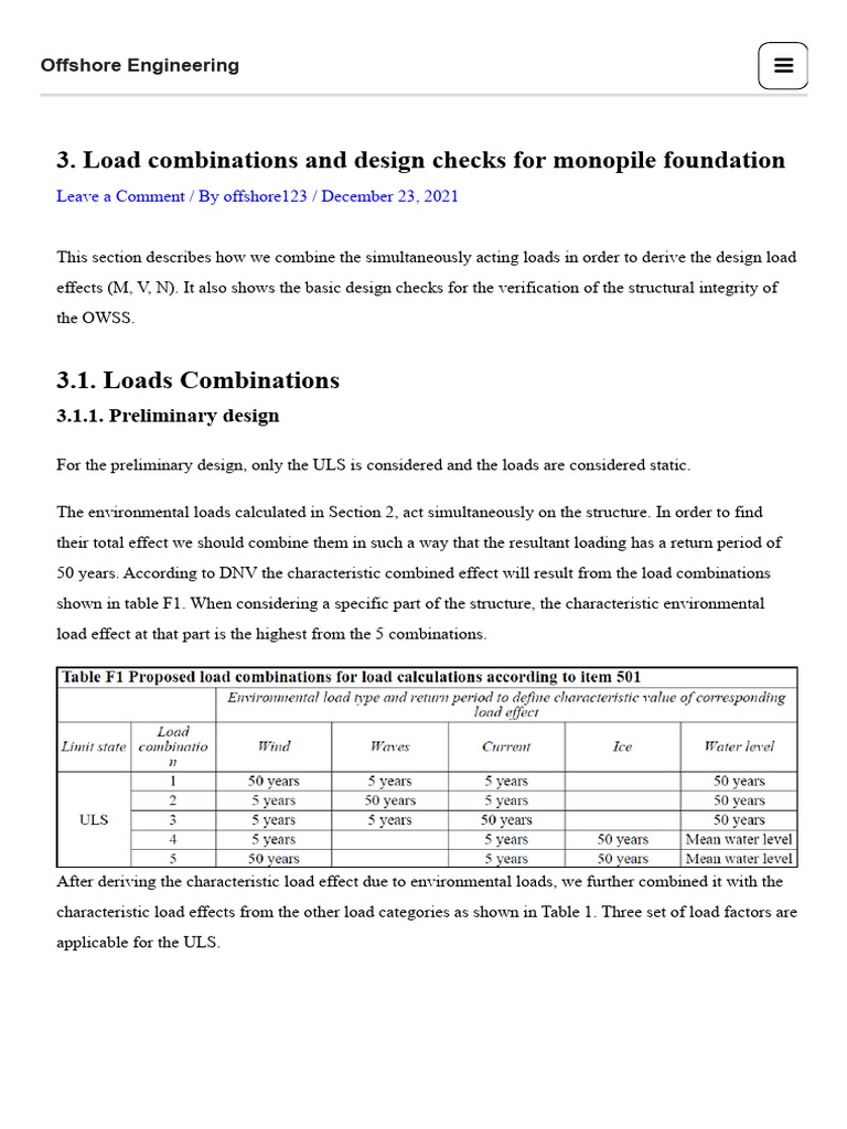 Monopile Design - Load Combinations and Design Checks | PDF | Fatigue (Material) | Frequency