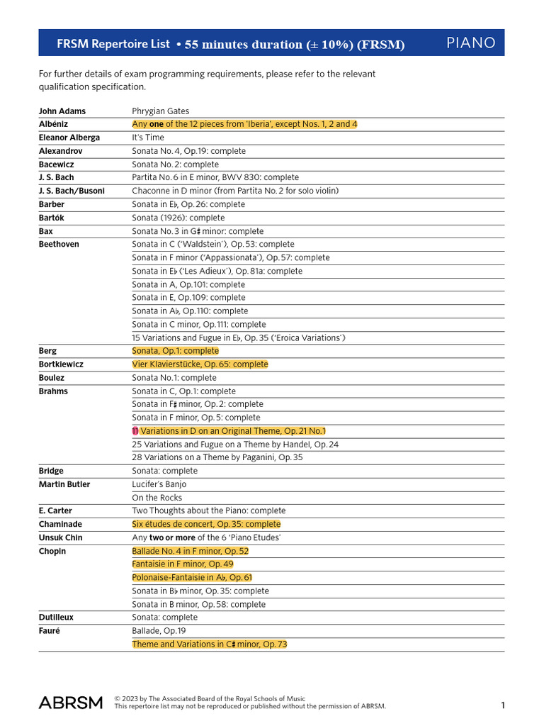 FRSM Piano Repertoire List 2023 | PDF | Variation (Music) | Opus Number