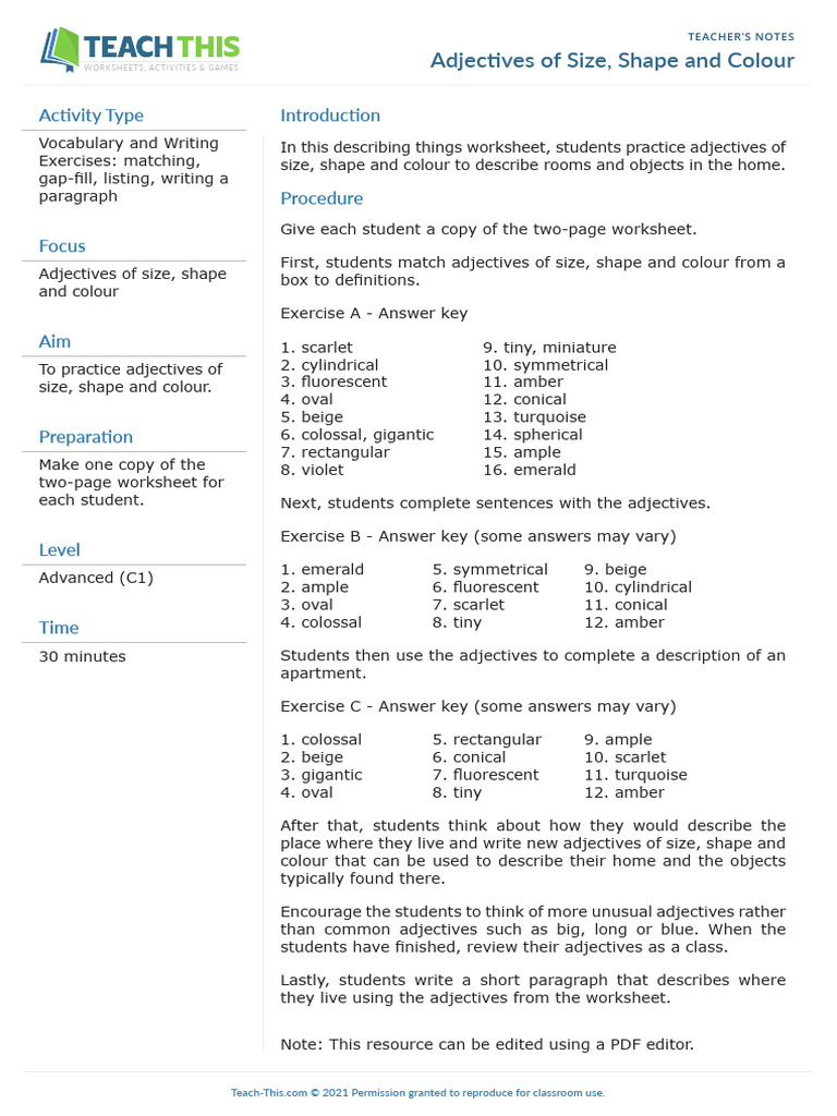 Adjectives of Size Shape and Colour | PDF | Color