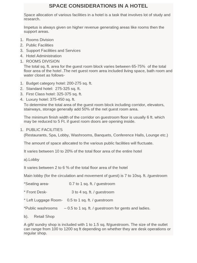 Hotel Space Allocation Guidelines | PDF | Room | Kitchen
