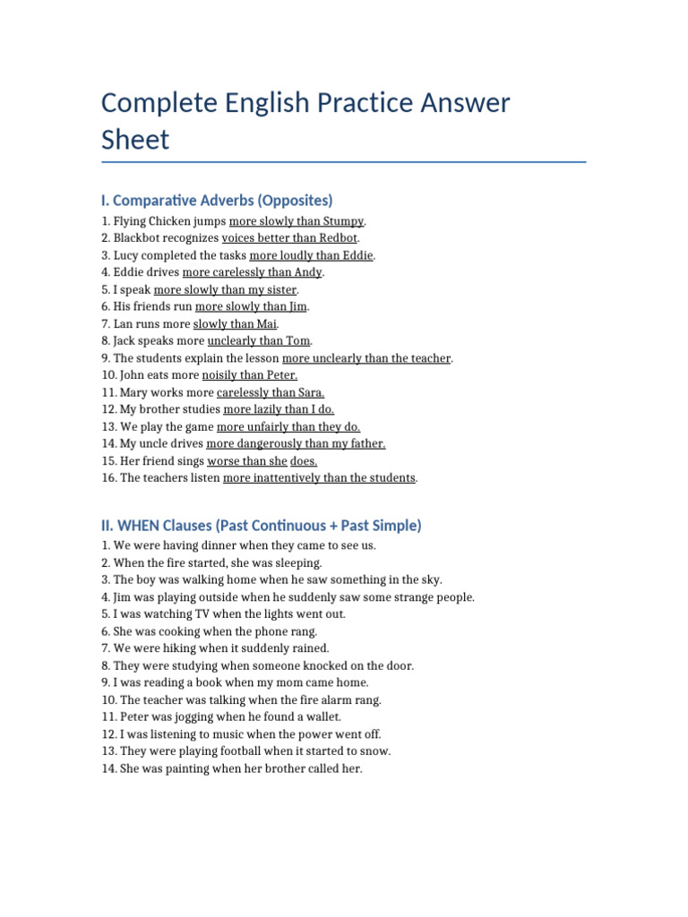 Complete English Practice Answers | PDF