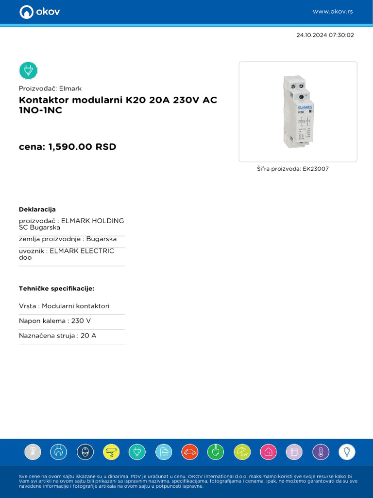 Kontaktor Modularni k20 20a 230v Ac 1no 1nc | PDF