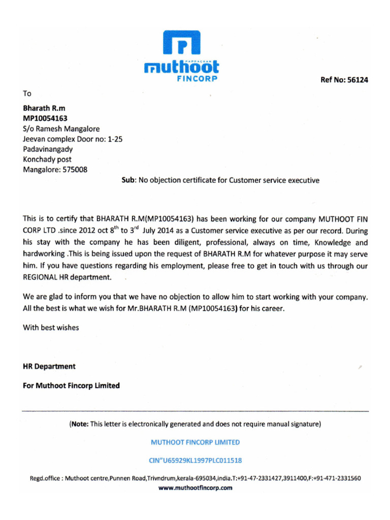 Muthoot Fin Corp Experience Letter | PDF