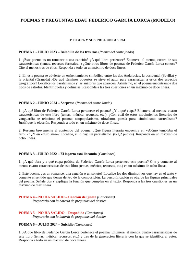 Poemas y Preguntas Ebau Detallado Fgl | PDF | Federico García Lorca | Metro (poesía)