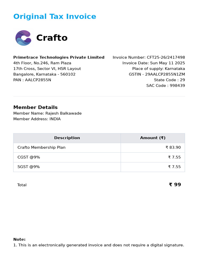 Crafto: Original Tax Invoice | PDF
