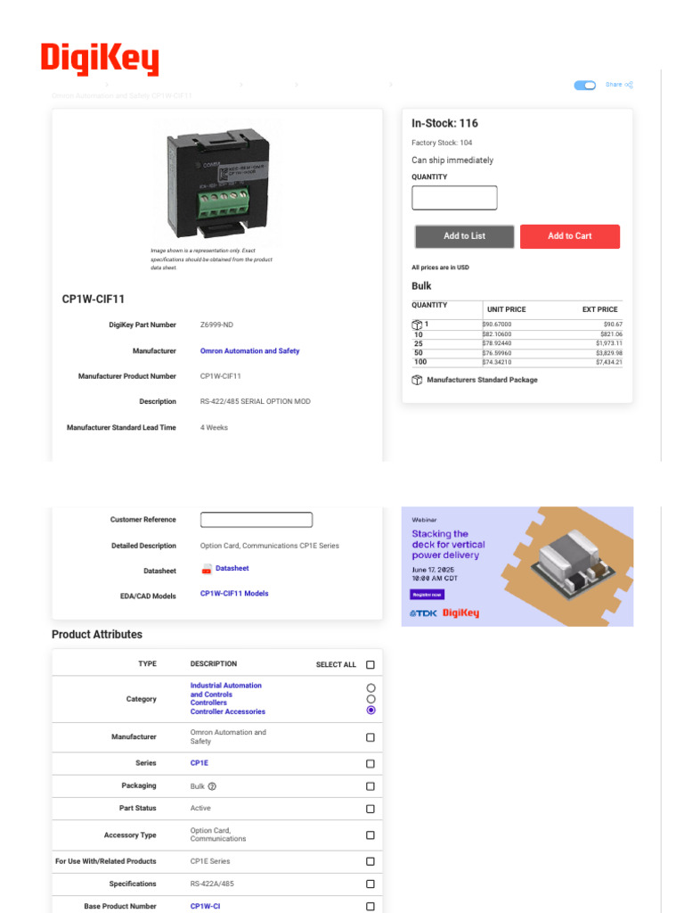 CP1W-CIF11 Omron Automation and Safety - Industrial Automation and Controls - DigiKey | PDF ...