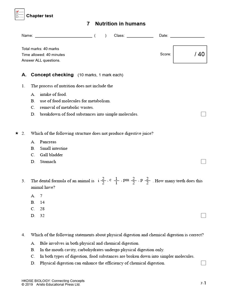 ChTest 07 e TE Nutrition in Humans 生物補習 | PDF | Digestion | Small Intestine
