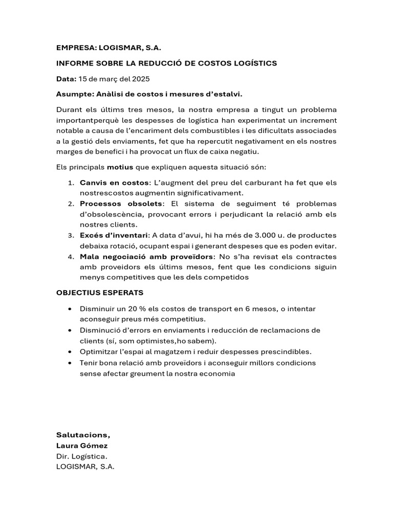 Informe Sobre La Reducció de Costos Logístics Naath | PDF
