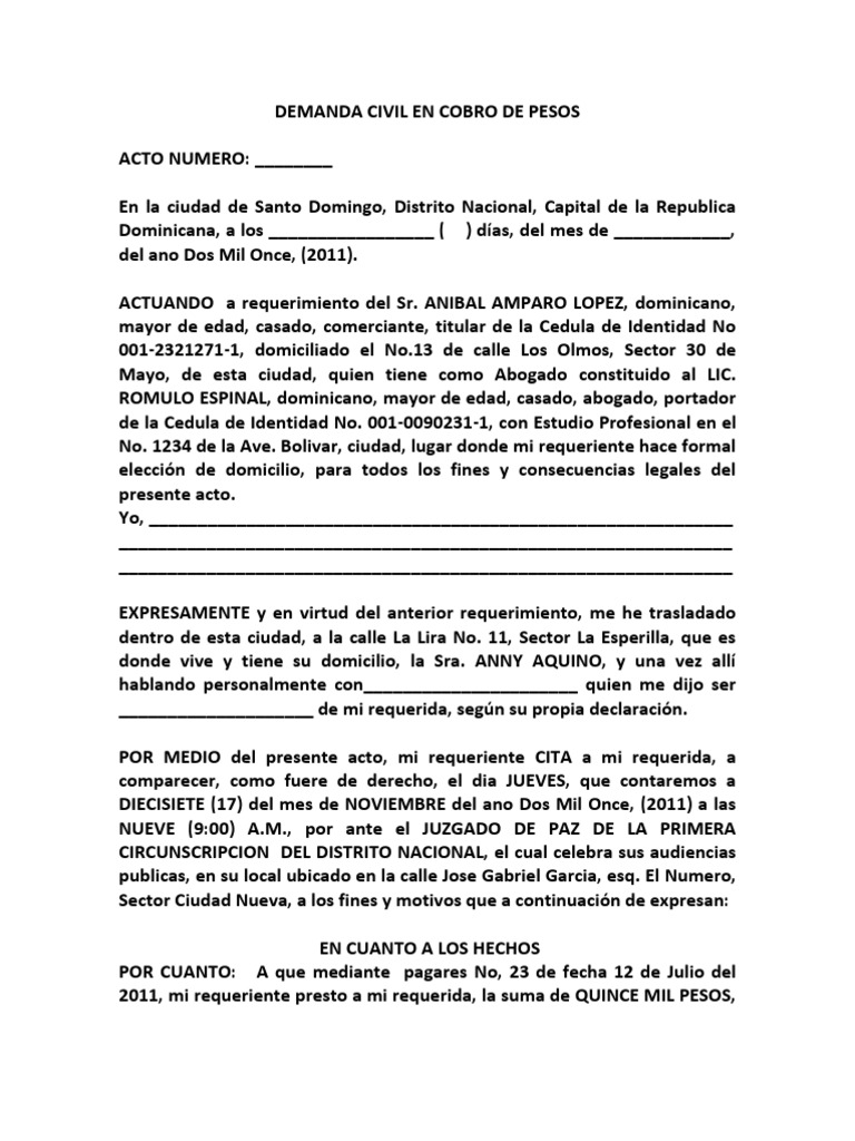 Demanda Civil en Cobro de Pesos | Pagos | Demanda judicial
