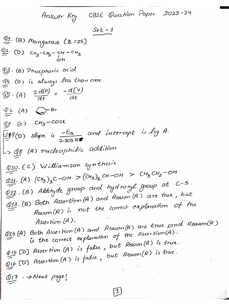 Answer Key For CBSE Question Paper 2023-24 (Set 1 + 3) | PDF