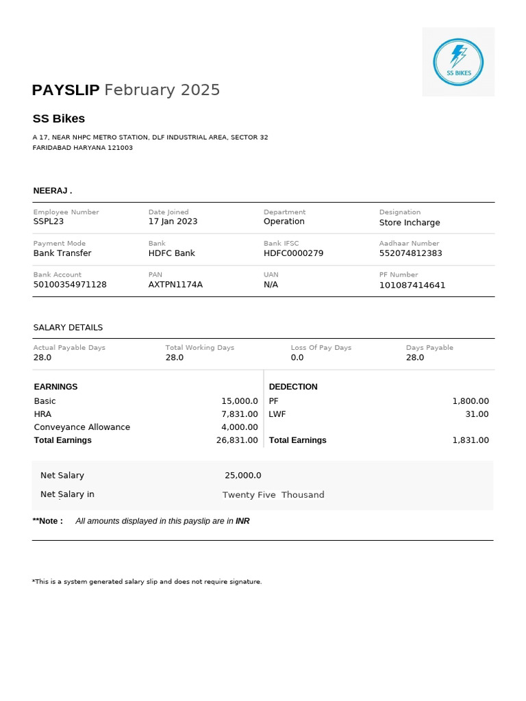 February 2025 Salary Slip Sample | PDF