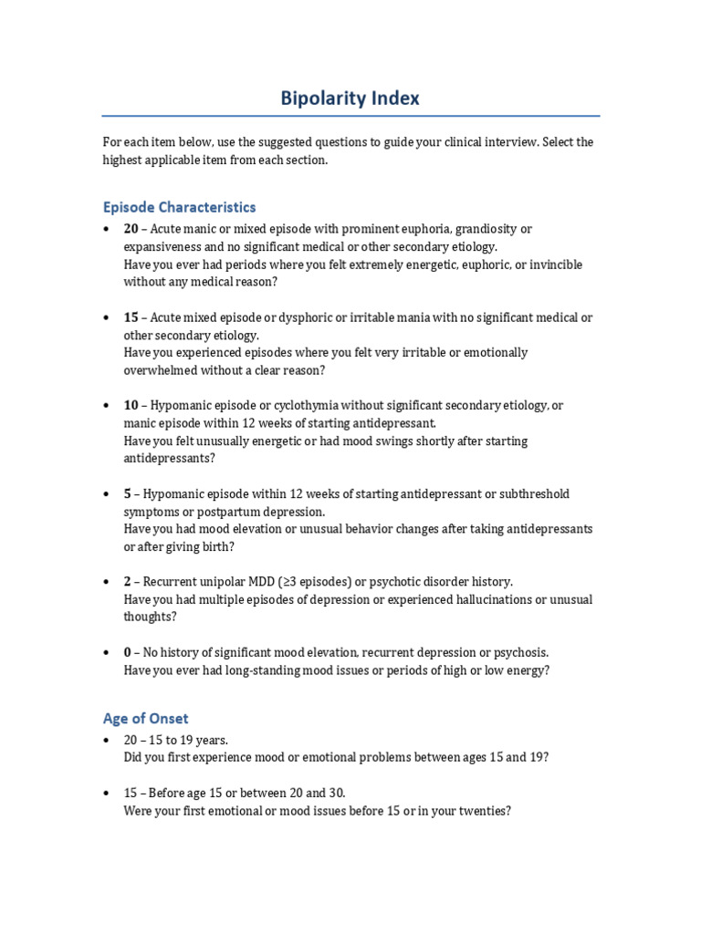 Bipolarity Index With Questions | PDF | Mania | Mood Disorders