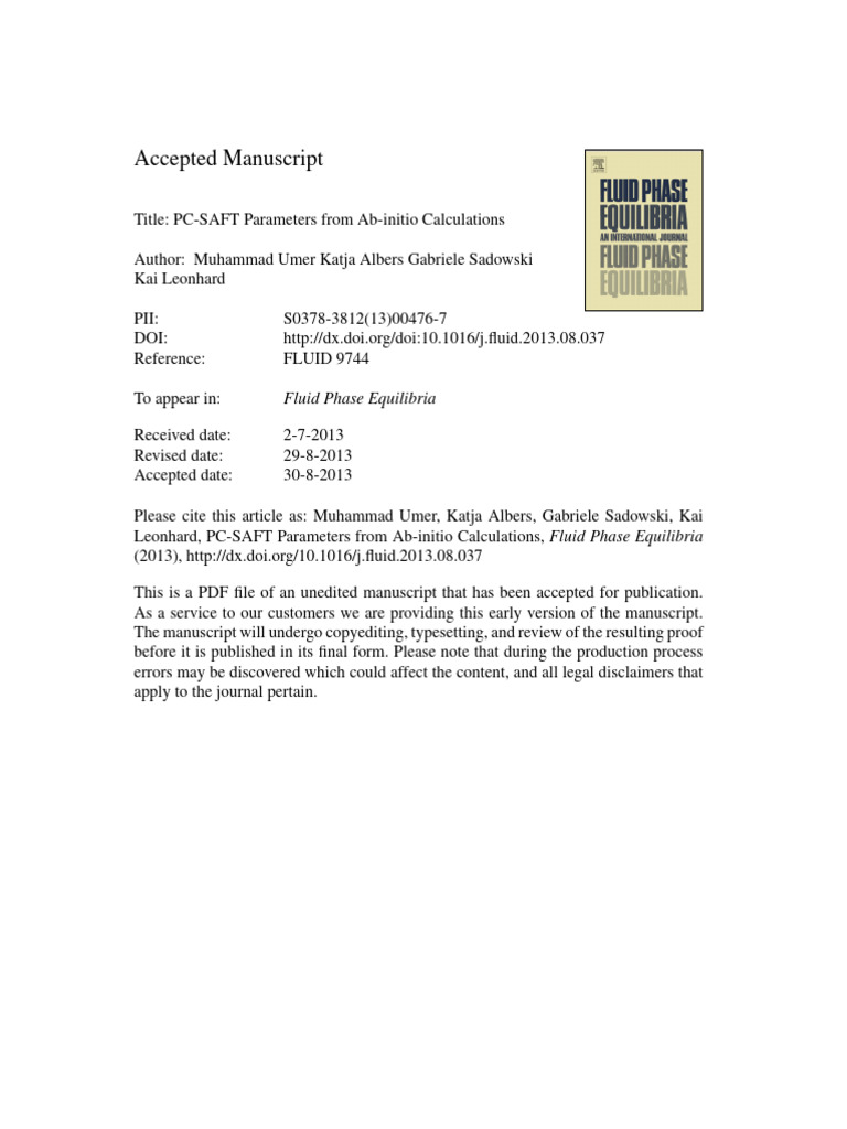 2014 PC-SAFT Parameters From Ab-Initio Calculations | PDF | Physical Sciences | Continuum Mechanics