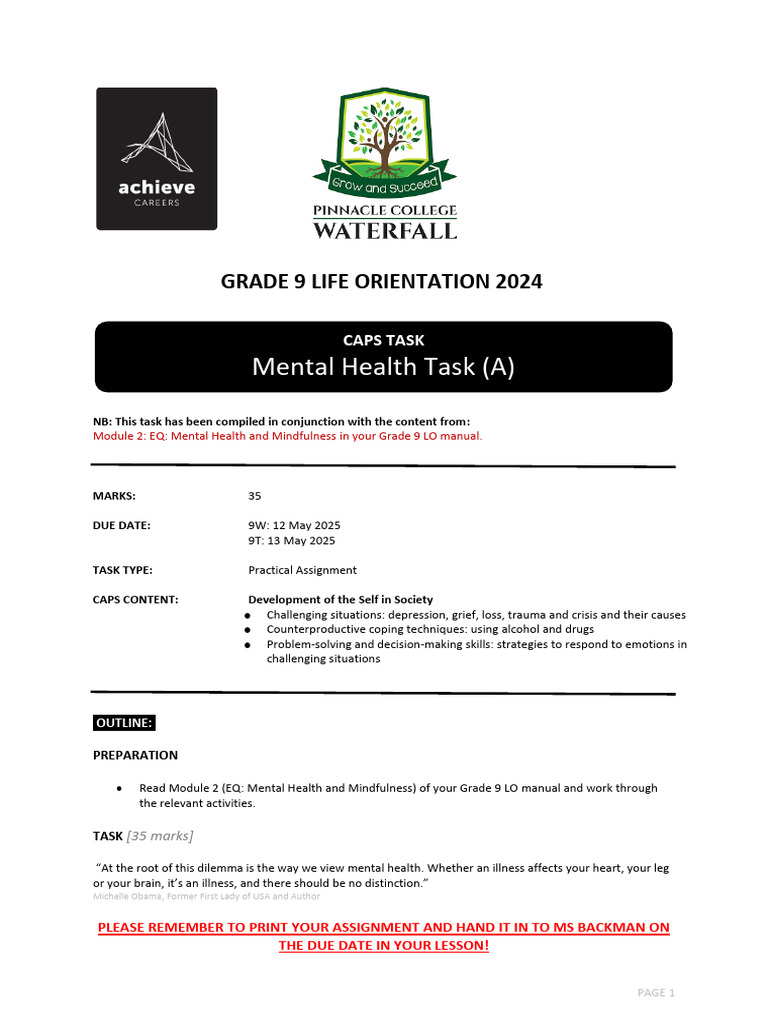 Mental Health Task | PDF | Mental Health | Psychology