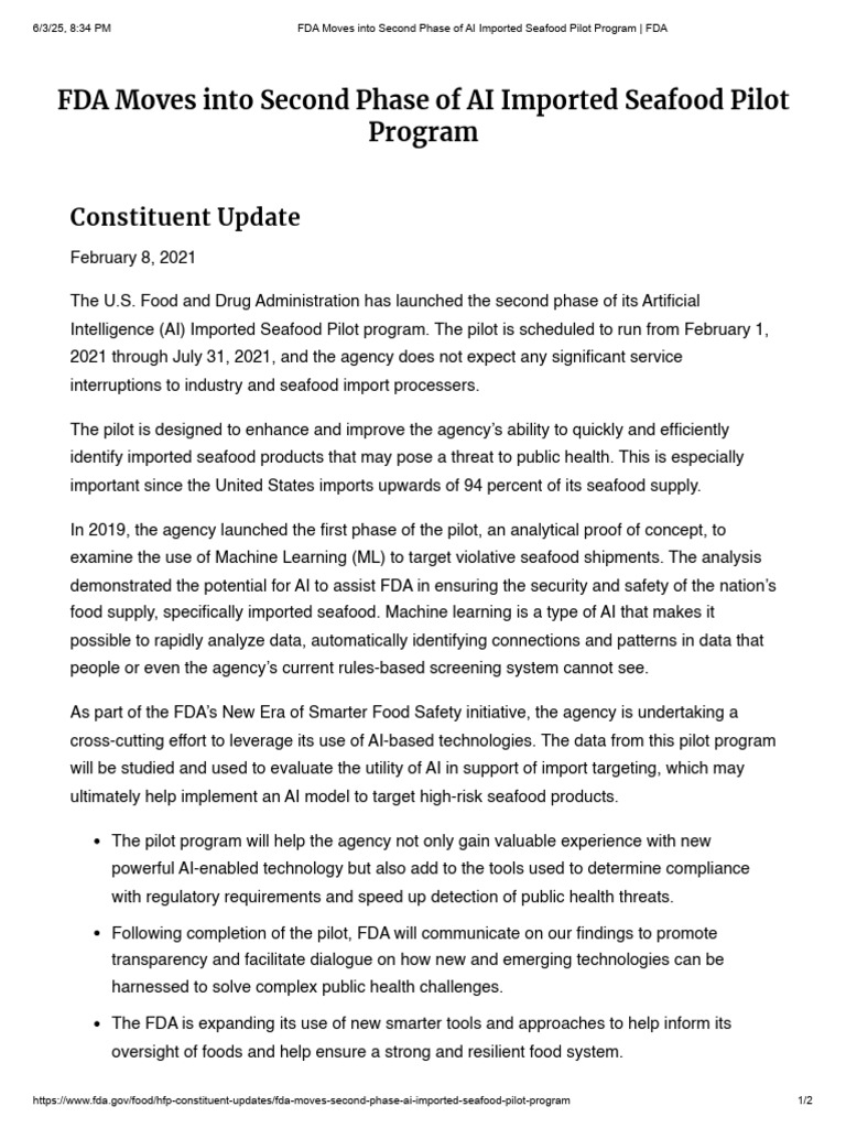 FDA Moves into Second Phase of AI Imported Seafood Pilot Program | PDF | Artificial Intelligence ...