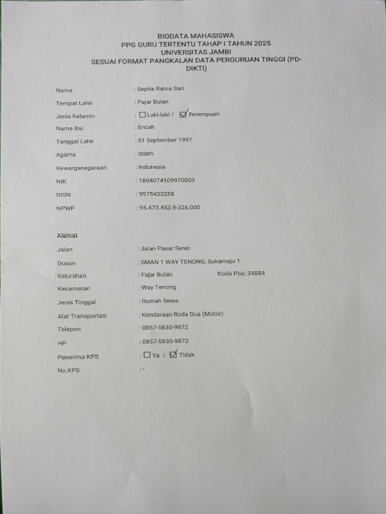 Biodata Mahasiswa - Septia Ratna Sari | PDF