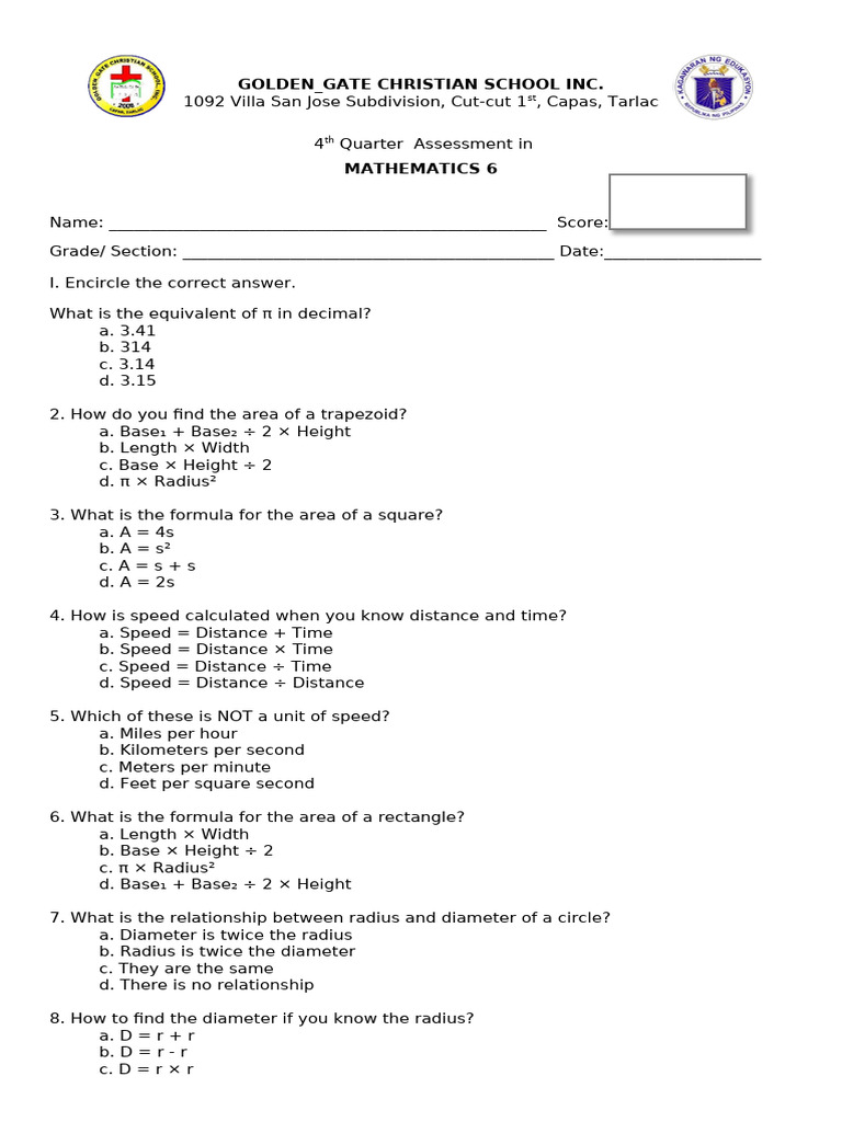 6th Grade Math Assessment Questions | PDF | Area | Length