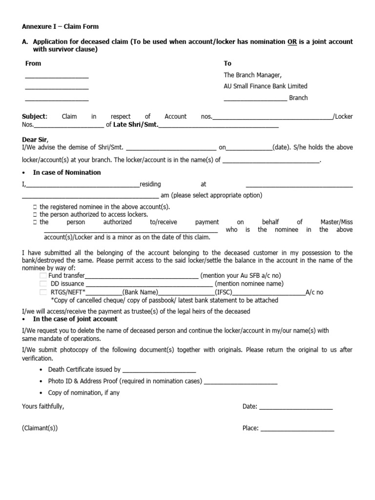 Deceased Claim Settlement Forms (English) | PDF | Banks | Inheritance