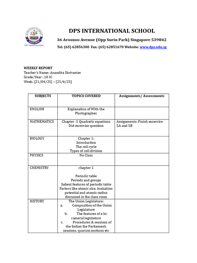Weekly Report 2025-26 Grade 10 | PDF