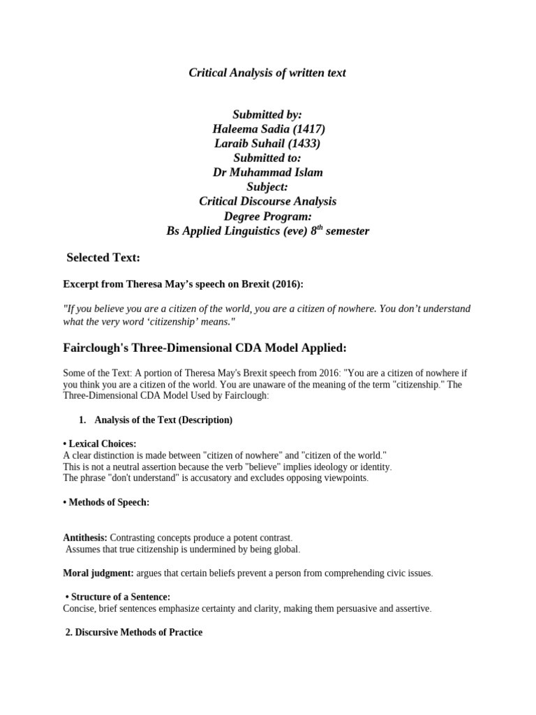 Critical Discourse Analysis of May's Brexit Speech | PDF | Citizenship ...