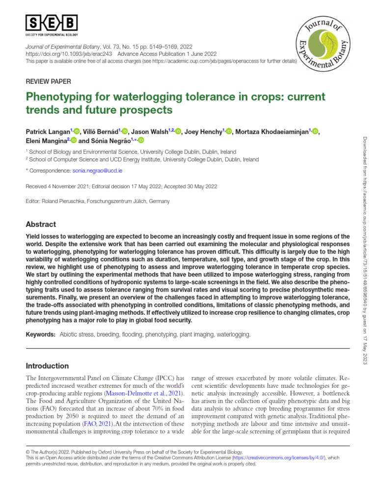 Phenotyping For Waterlogging Tolerance in Crops Current | PDF | Root | Plant Breeding