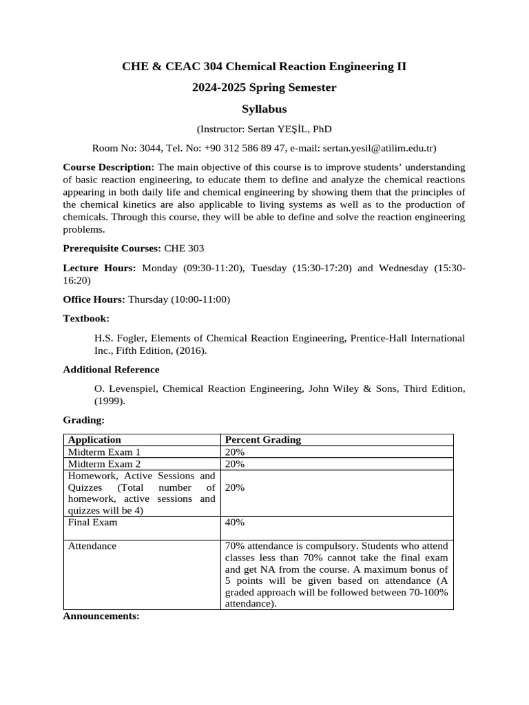 CHE 304 Reaction Engineering Syllabus | PDF | Chemical Reactor | Chemistry
