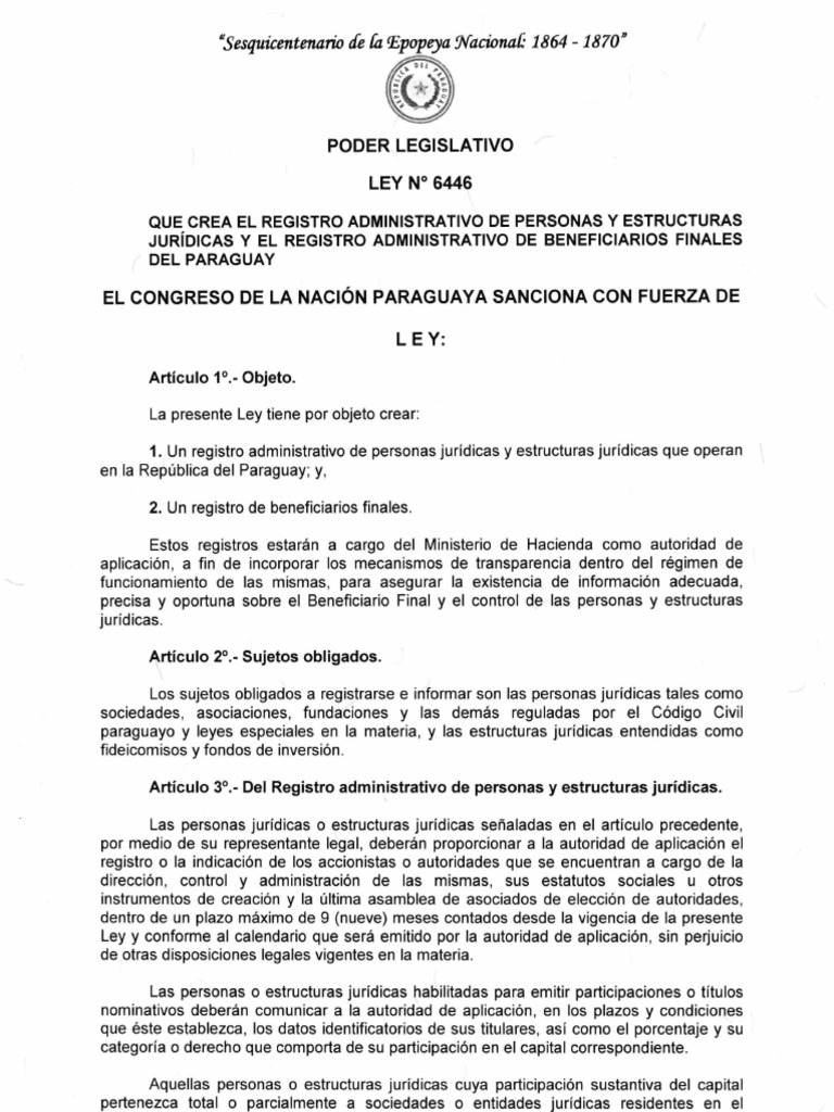 Ley 6446-19 Personas Juridicas y Beneficiarios Finales | PDF