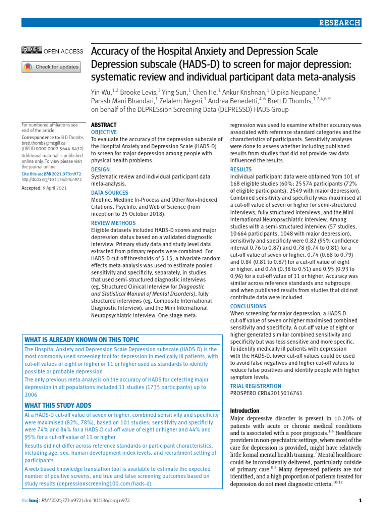 参考1（HADS 8 BMJ 高影响因子2021 | PDF | Major Depressive Disorder ...