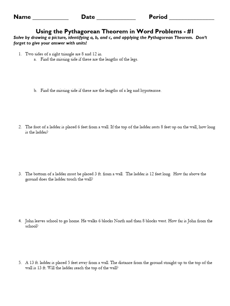 Day 4 - Unit 3 - Work Period - Pythagorean Theorem Word Problems - Legs ...
