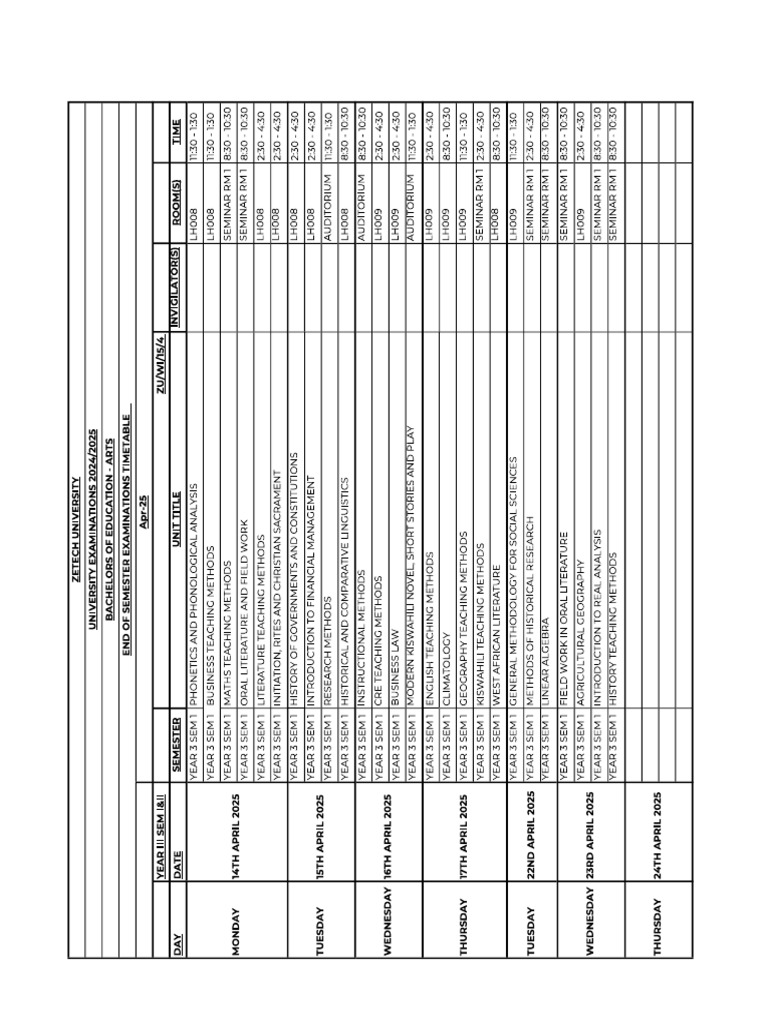 Sem1 Year 3 Time Table | PDF