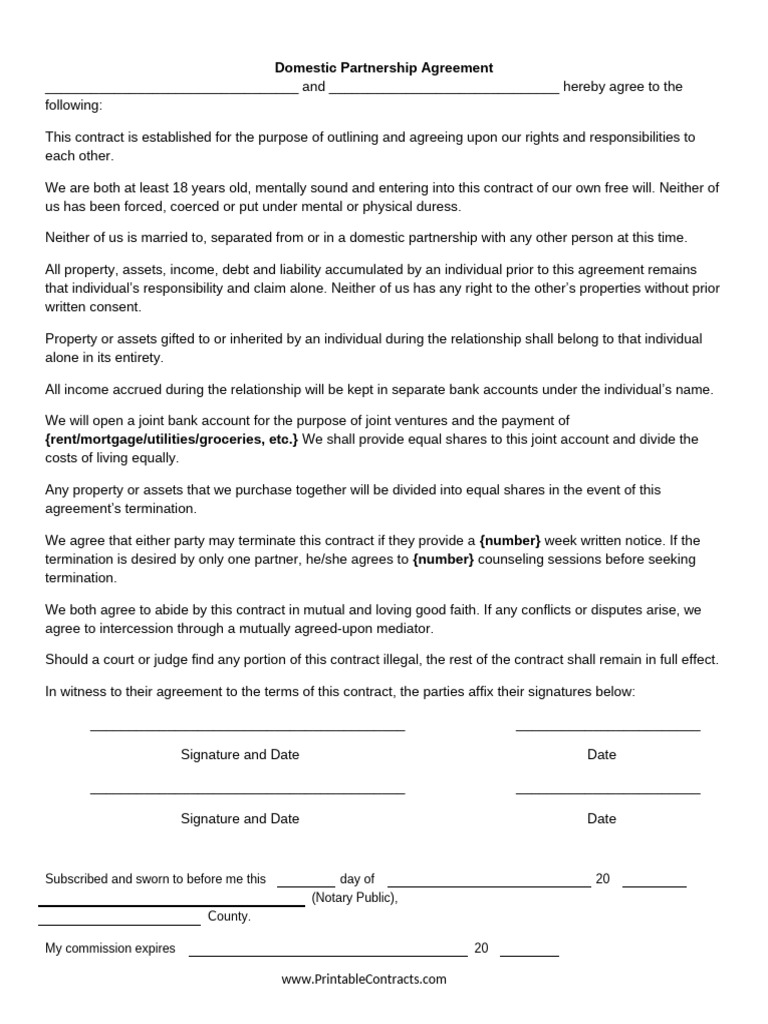 Domestic Partnership Agreement Template | PDF | Cost Of Living ...