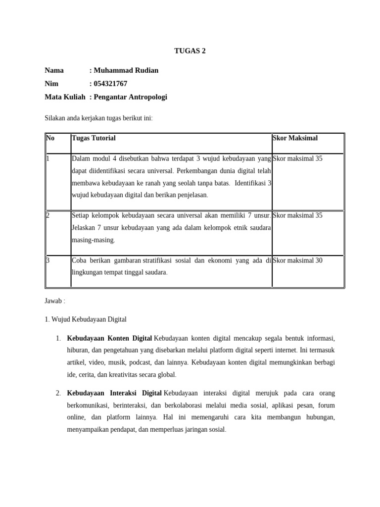 Tugas 2 (Pengantar Antropologi) | PDF
