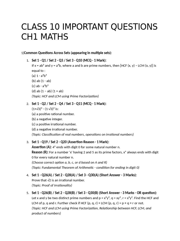 Class 10 Important Questions Ch1 Maths | PDF | Mathematical Proof | Numbers