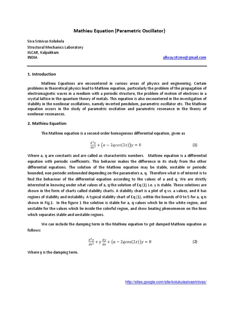 Mathieu Equation (Parametric Oscillator) | PDF | Resonance | Stability ...