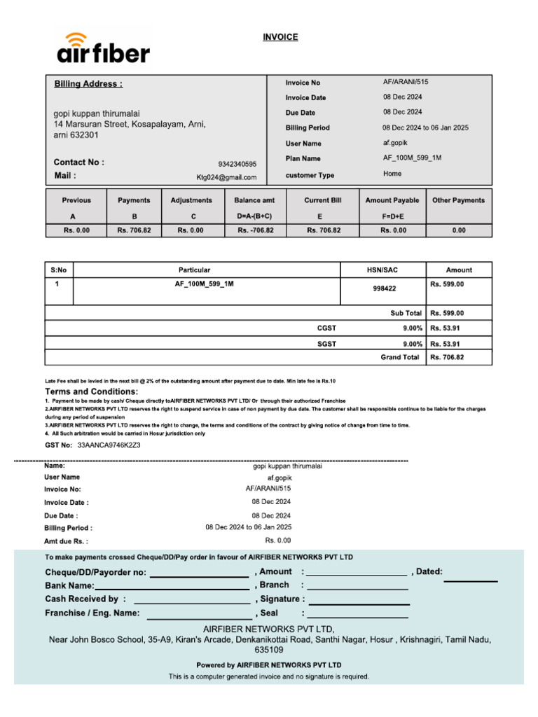 Internet Airfiber Invoice Print | PDF