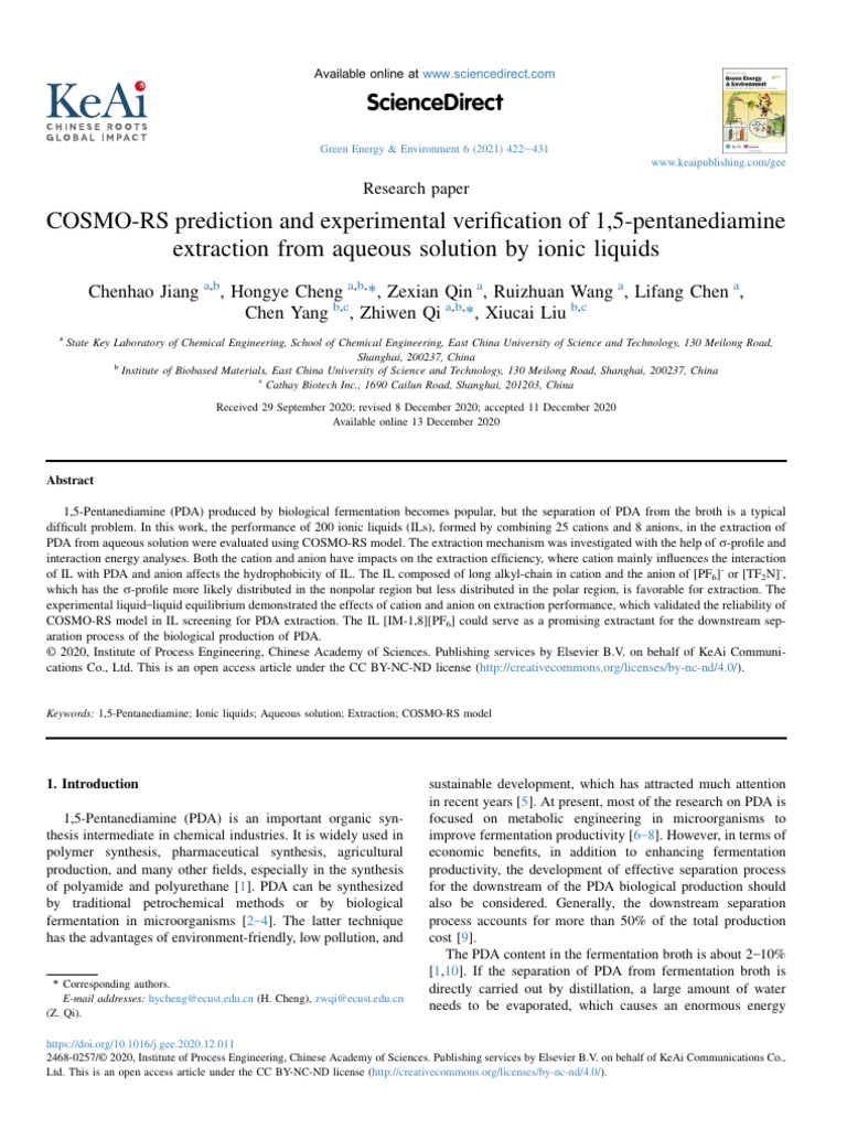 COSMO-RS Prediction and Experimental Verification of 1,5-Pentanediamine | PDF | Ion | Salt ...