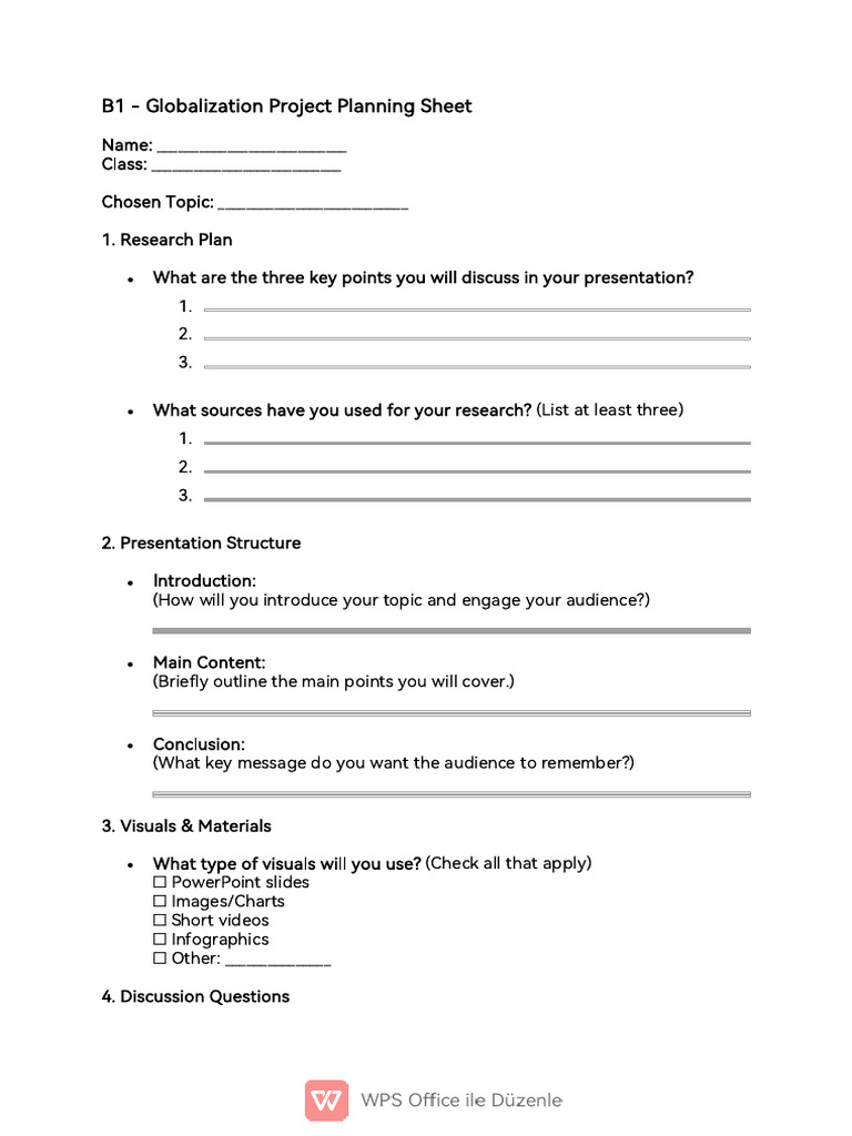B1 Main Project Planning Sheet | PDF