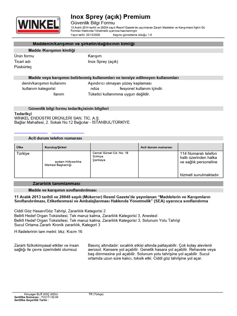 Inox Sprey (Açık) Premium - Edelstahlspray MSDS TR | PDF