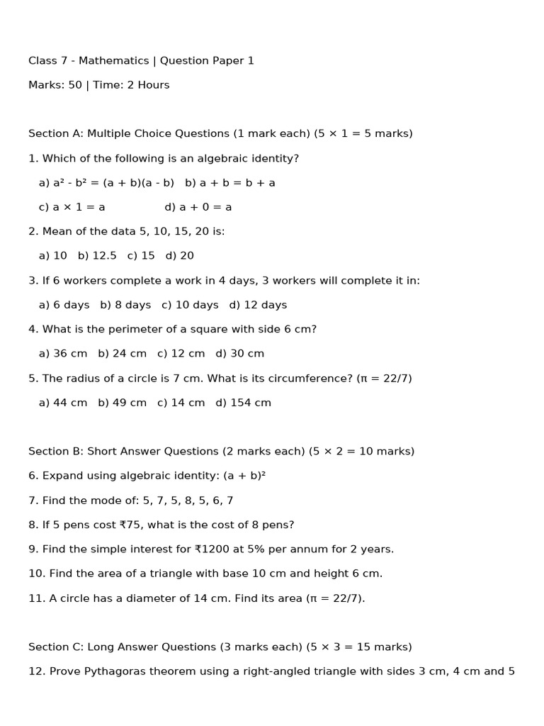Class 7 Math Question Papers | PDF | Area | Length