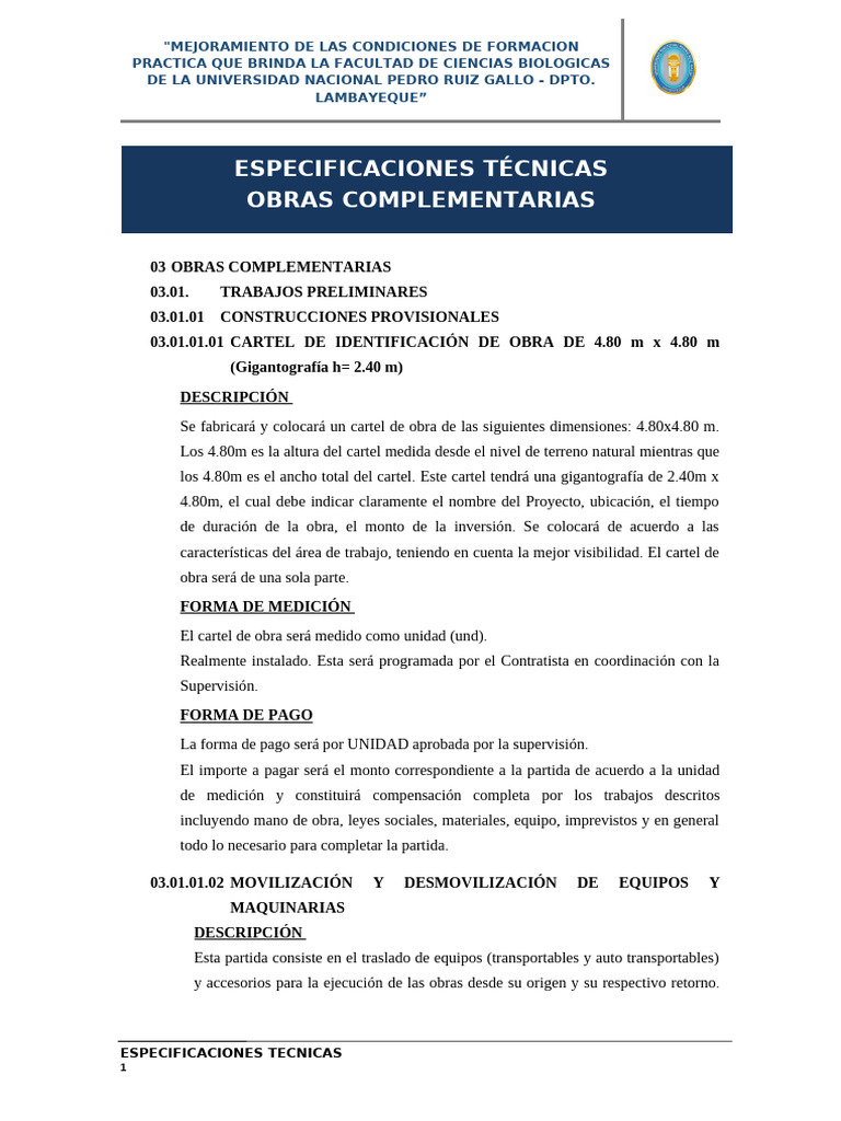 Especificaciones Tecnicas Pedro - Obras Complementarias | PDF | Fundación (Ingeniería) | Hormigón