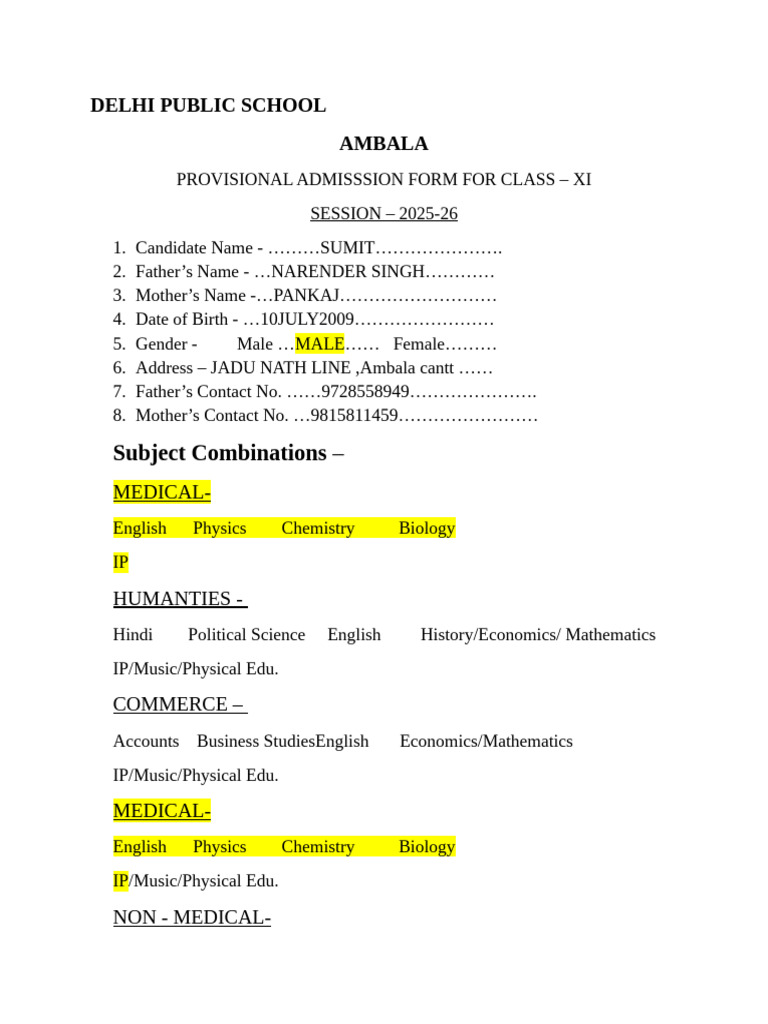 Provisional Admission Form For Grade - Xi | PDF