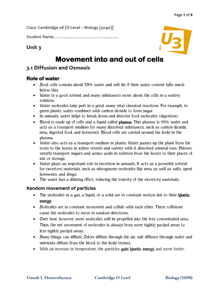 Unit 03 - Movement Into and Out of Cells | PDF | Osmosis | Diffusion