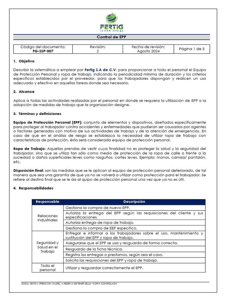 FG-SSP-007 Control de EPP Rev.2 | PDF | Ropa