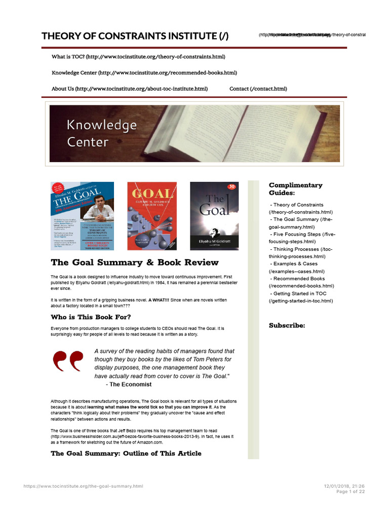 The Goal Summary & Book Review - Theory of Constraints Institute | PDF ...