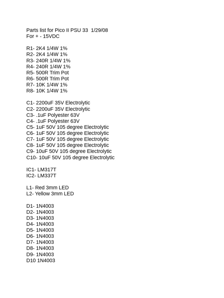 Pico II PSU Parts List | PDF