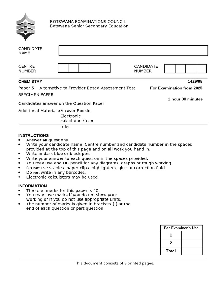 BSSE 1429 Chemistry Specimen Paper 5 2025 | PDF | Hydrogen Peroxide ...